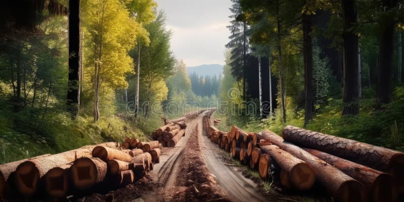 Cut Down Tree Logs by the Road in the Forest Stock Photo - Image of ...
