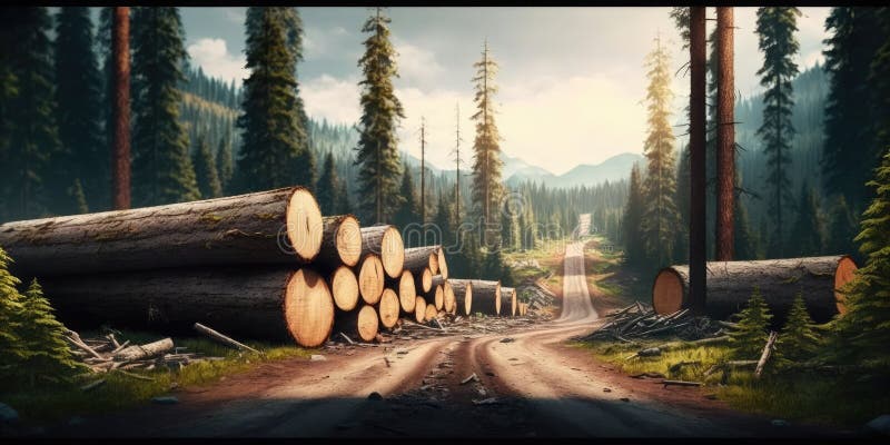 Cut Down Tree Logs by the Road in the Forest Stock Illustration ...