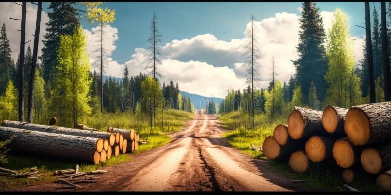 Cut Down Tree Logs by the Road in the Forest Stock Illustration ...