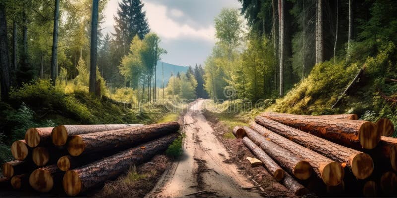 Cut Down Tree Logs by the Road in the Forest Stock Illustration ...