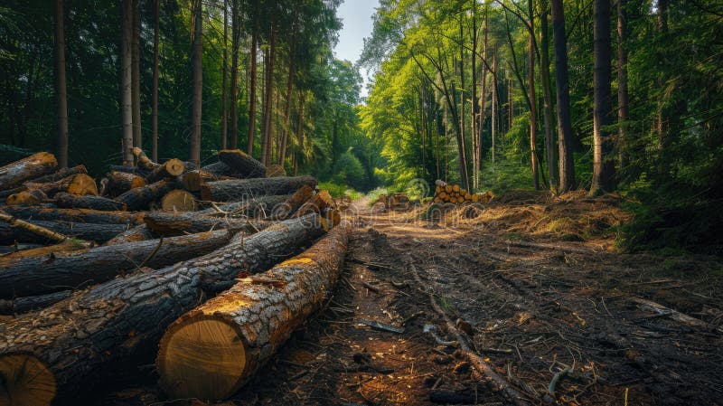 Cut Down Trees in the Forest. Selective Focus Stock Illustration ...
