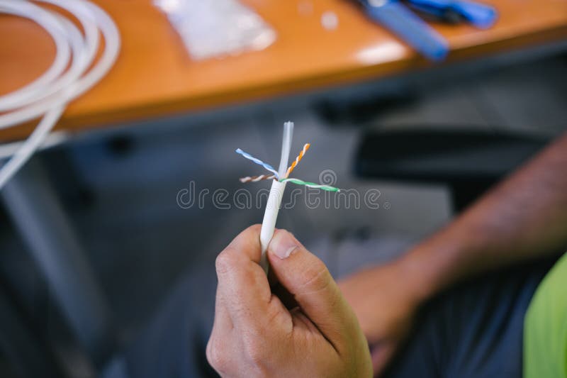 Cut Ethernet Network Cable. Prepared To Crimp an RJ-45 Connector Stock ...