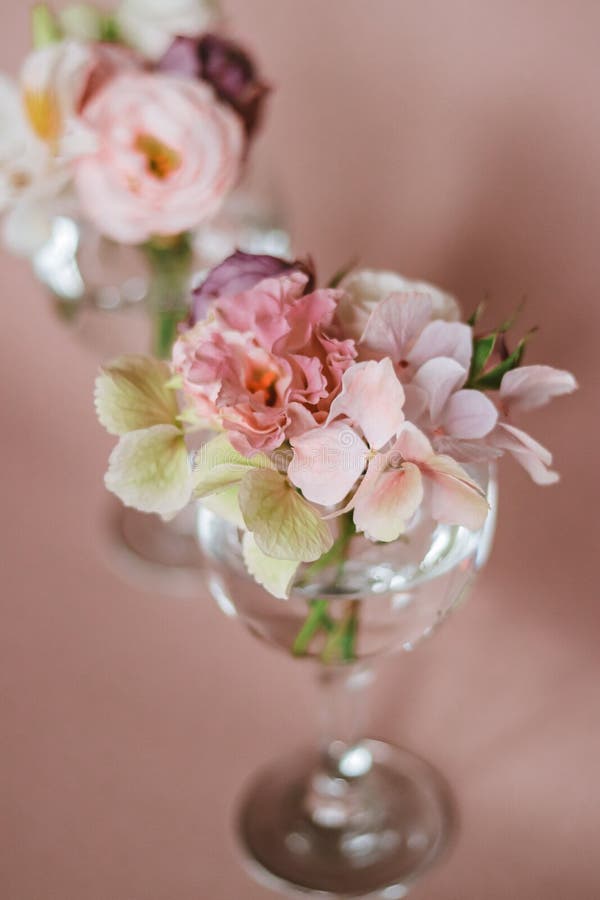 Cut Flowers in Glasses of Water. Mini Composition for Table Decoration ...