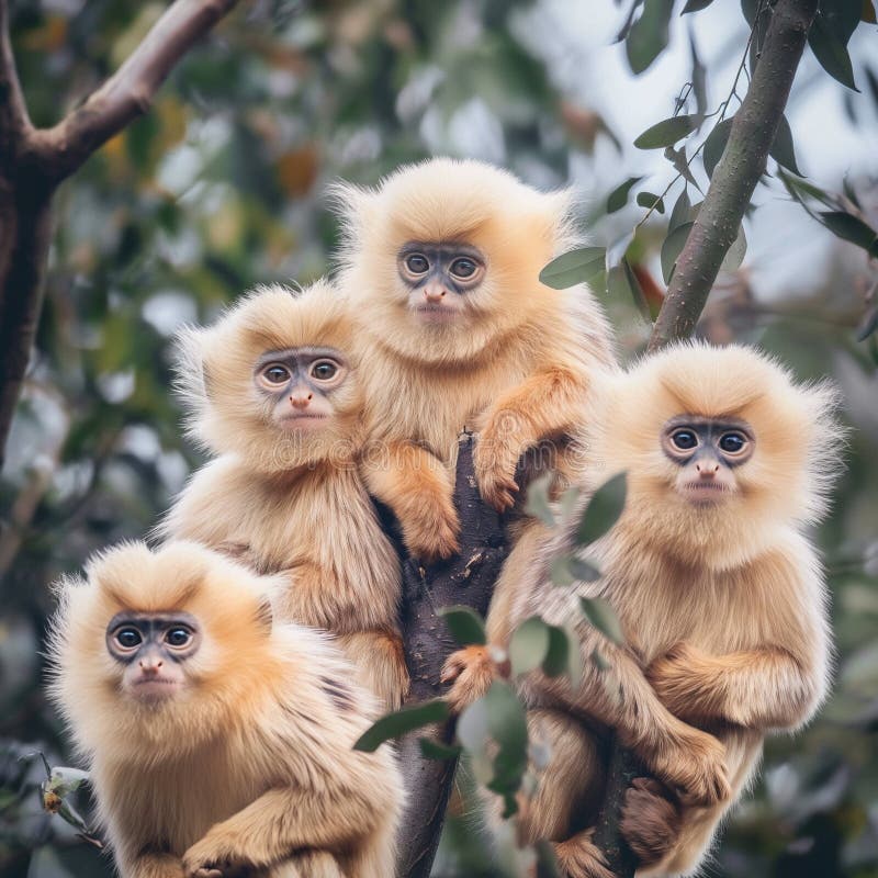Cut Fluffy Monkeys on Trees, Close Up, Monkeys Hanging on the Tree ...