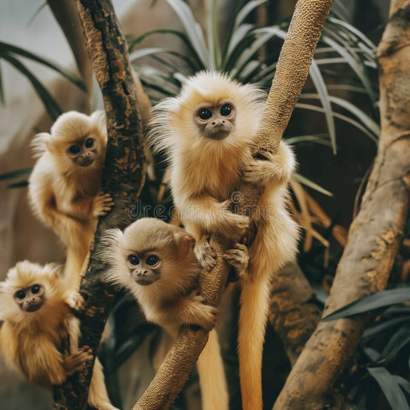 Cut Fluffy Monkeys on Trees, Close Up, Monkeys Hanging on the Tree ...