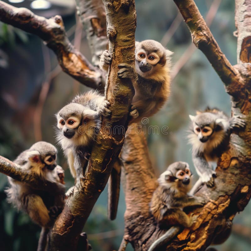 Cut Fluffy Monkeys on Trees, Close Up, Monkeys Hanging on the Tree ...