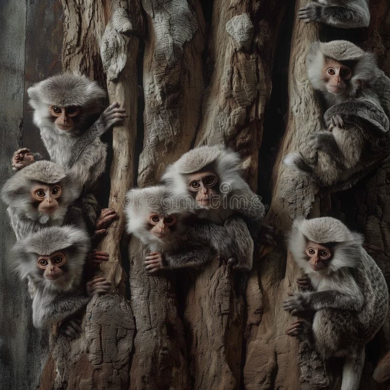 Cut Fluffy Monkeys on Trees, Close Up, Monkeys Hanging on the Tree ...