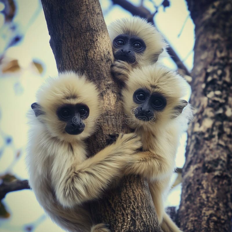 Cut Fluffy Monkeys on Trees, Close Up, Monkeys Hanging on the Tree ...