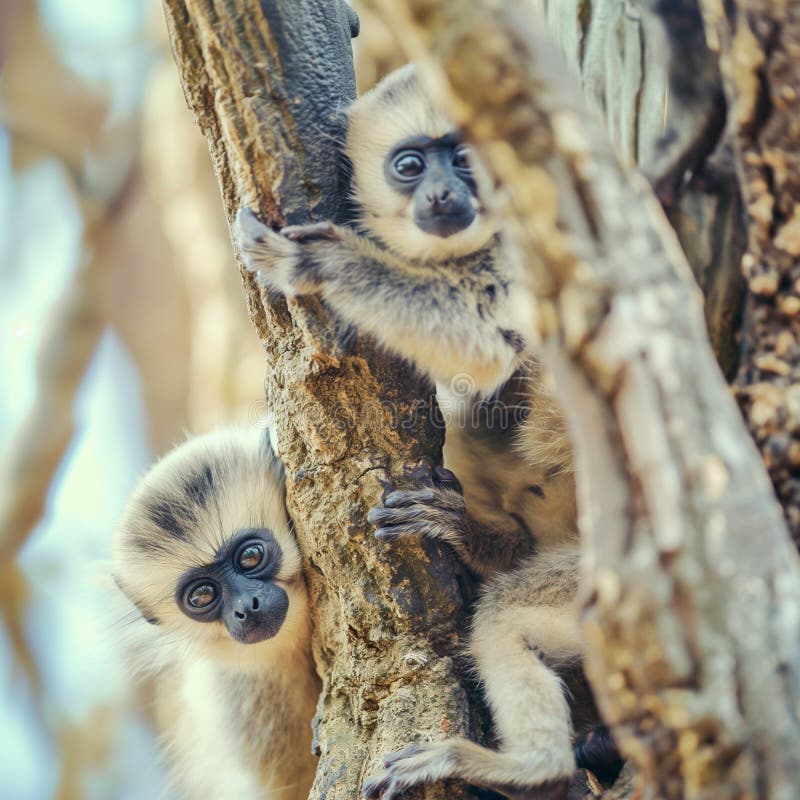 Cut Fluffy Monkeys on Trees, Close Up, Monkeys Hanging on the Tree ...