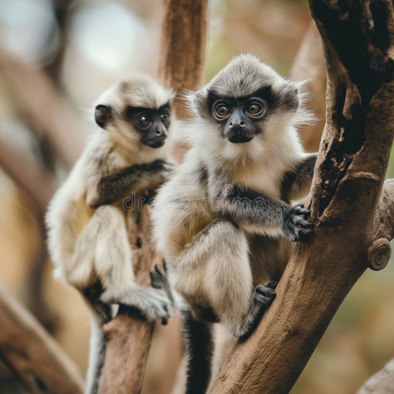 Cut Fluffy Monkeys on Trees, Close Up, Monkeys Hanging on the Tree ...