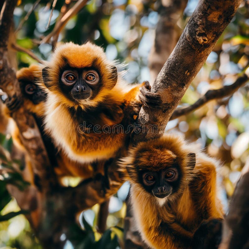 Cut Fluffy Monkeys on Trees, Close Up, Monkeys Hanging on the Tree ...