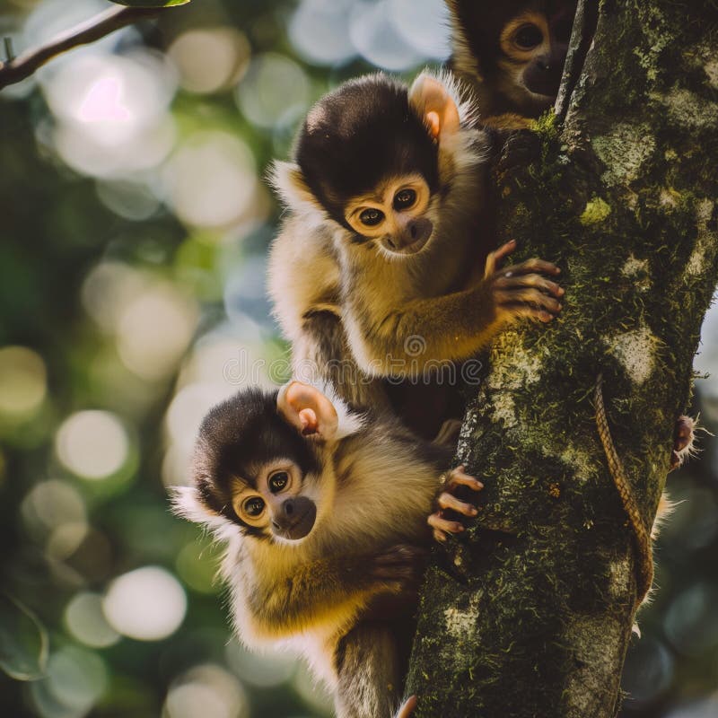 Cut Fluffy Monkeys on Trees, Close Up, Monkeys Hanging on the Tree ...