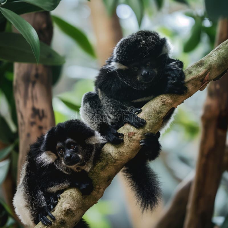 Cut Fluffy Monkeys on Trees, Close Up, Monkeys Hanging on the Tree ...