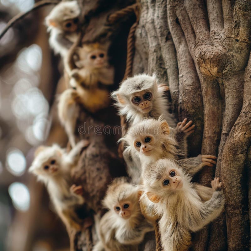 Cut Fluffy Monkeys on Trees, Close Up, Monkeys Hanging on the Tree ...