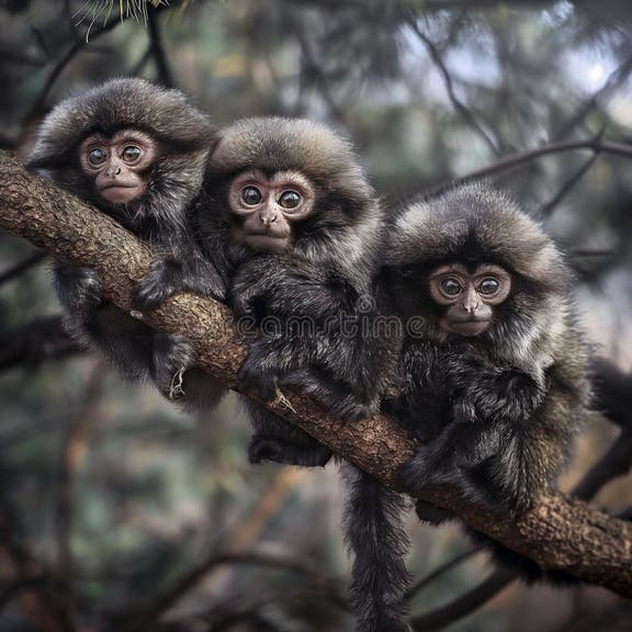 Cut Fluffy Monkeys on Trees, Close Up, Monkeys Hanging on the Tree ...