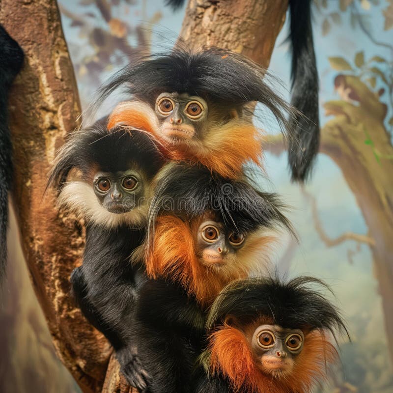 Cut Fluffy Monkeys on Trees, Close Up, Monkeys Hanging on the Tree ...