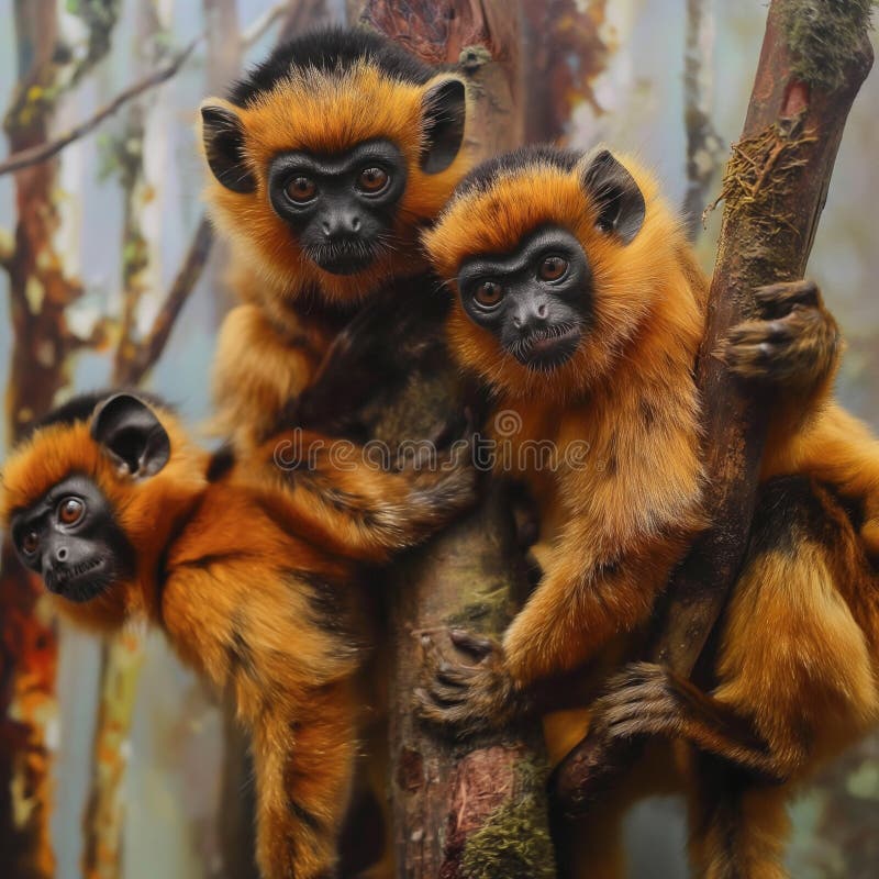 Cut Fluffy Monkeys on Trees, Close Up, Monkeys Hanging on the Tree ...