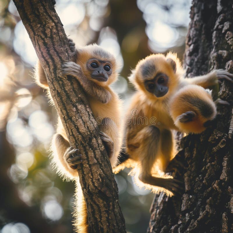 Cut Fluffy Monkeys on Trees, Close Up, Monkeys Hanging on the Tree ...
