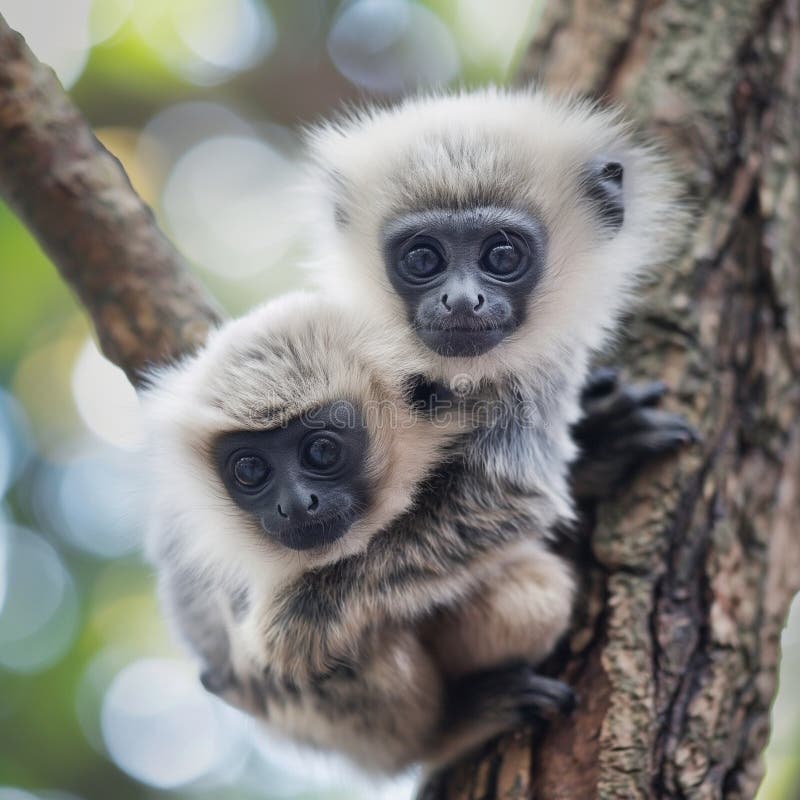 Cut Fluffy Monkeys on Trees, Close Up, Monkeys Hanging on the Tree ...
