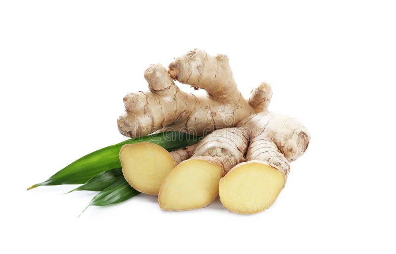 Cut Fresh Ginger and Leaves Isolated on White Stock Photo - Image of ...