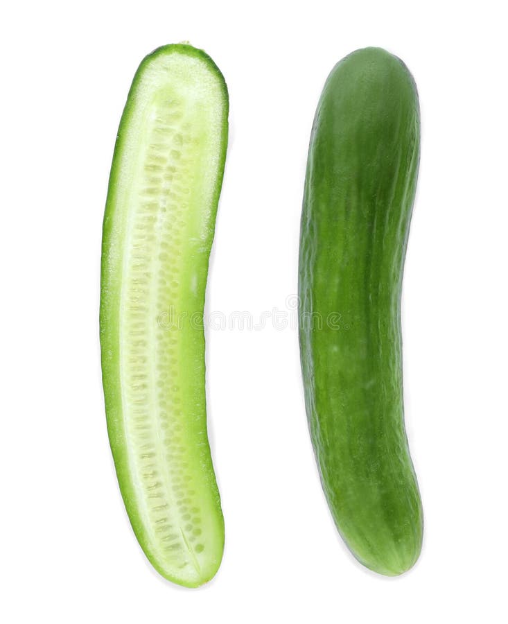 Cut Fresh Green Cucumber Isolated on White, Top View Stock Image ...