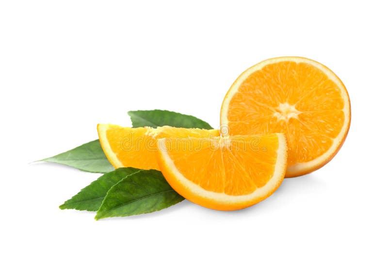 Cut Fresh Ripe Orange with Green Leaves on White Background Stock Photo ...
