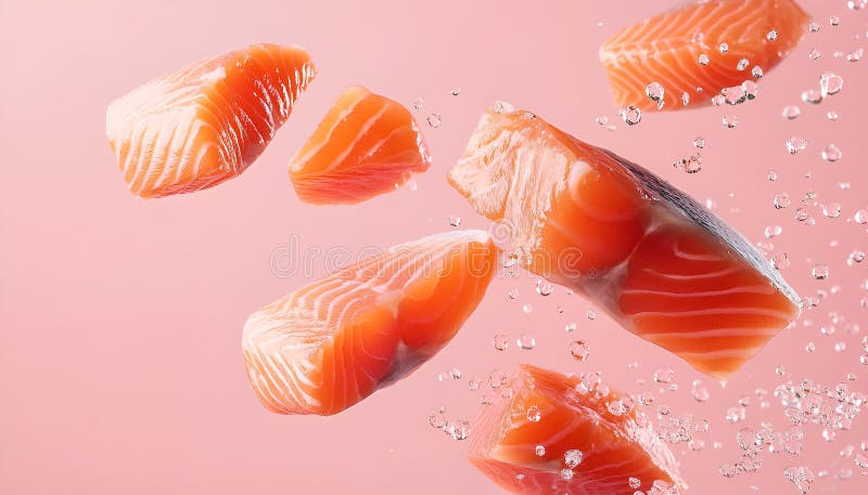 Cut Fresh Salmon Falling on Pink Background Stock Photo - Image of ...