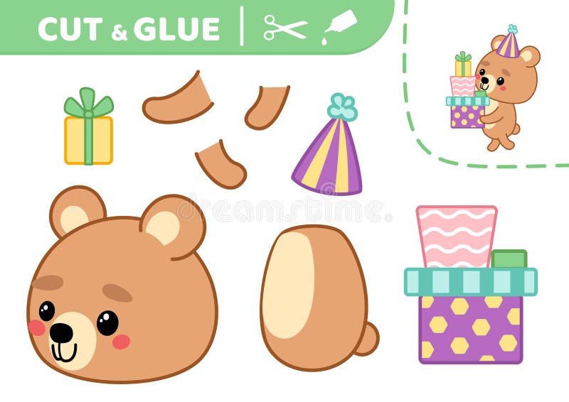 Cut and Glue. Bear is Carrying Stack of Presents. Applique. Paper Game ...