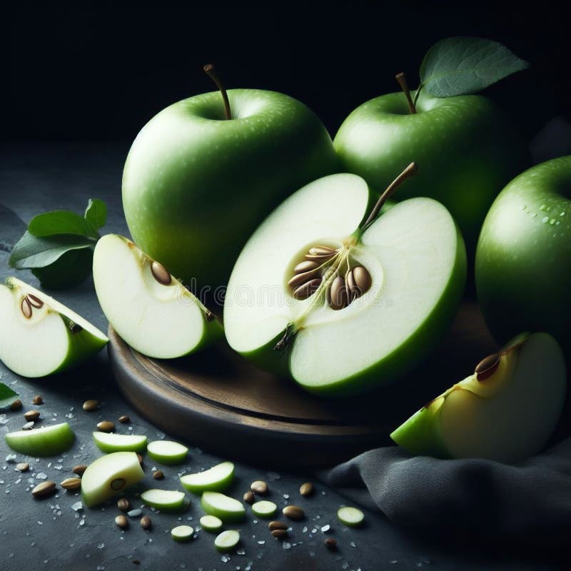 Cut Green Apple in Image with Dramatic Side Light. Healthy Food Stock ...