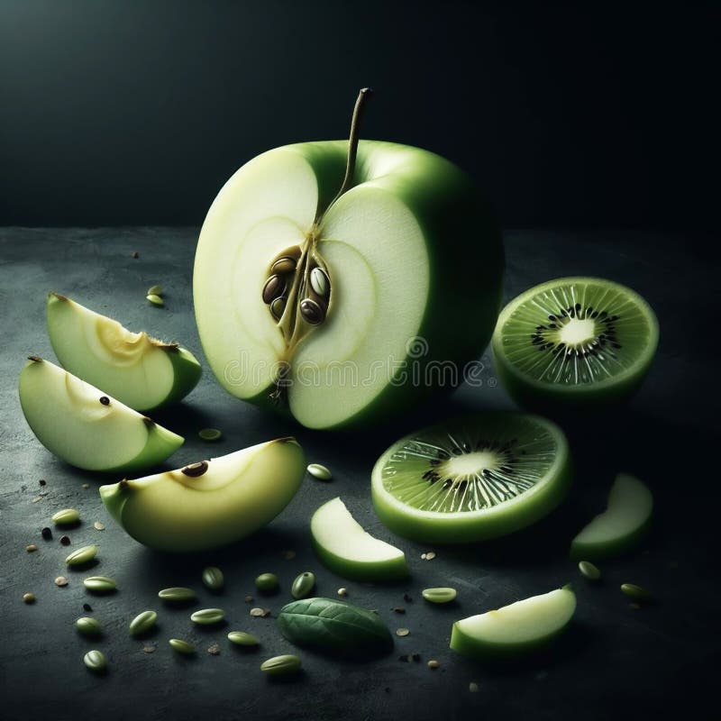 Cut Green Apple in Image with Dramatic Side Light. Healthy Food Stock ...