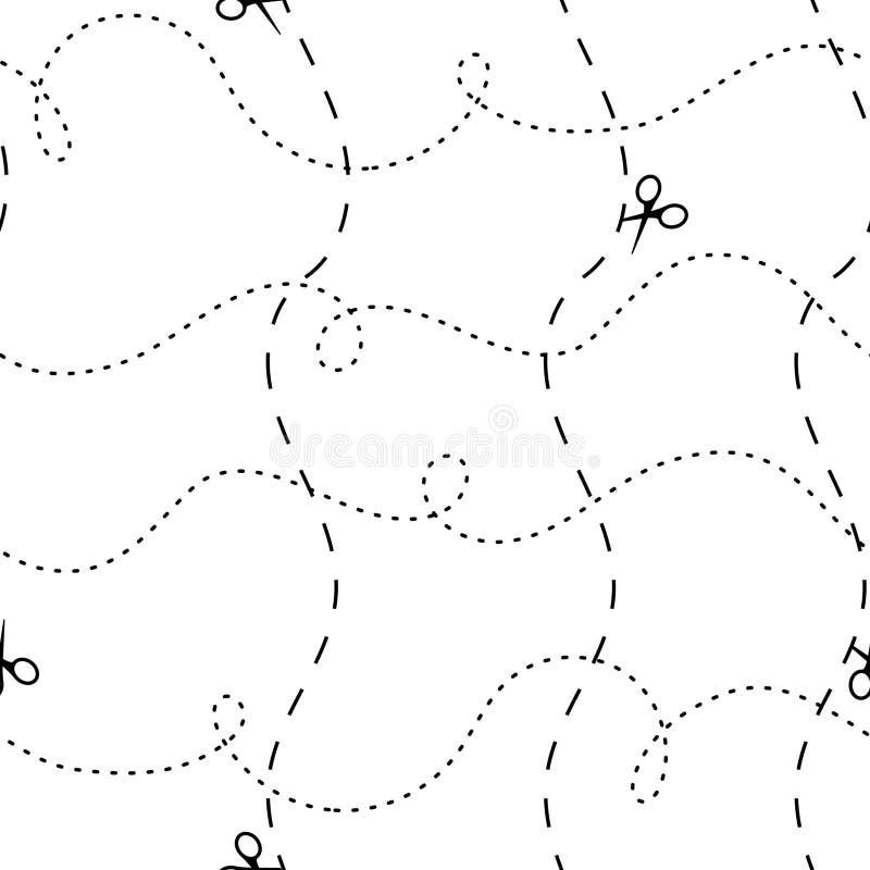 Cut Here Seamless Pattern. Vector Scissors with Dotted Lines, Paper Cut ...