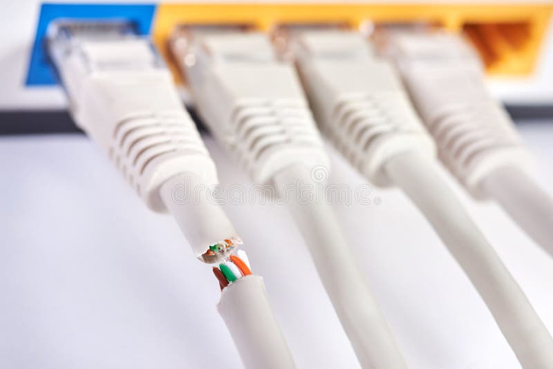 Cut Internet Cables into the Router, Close-up Stock Image - Image of ...