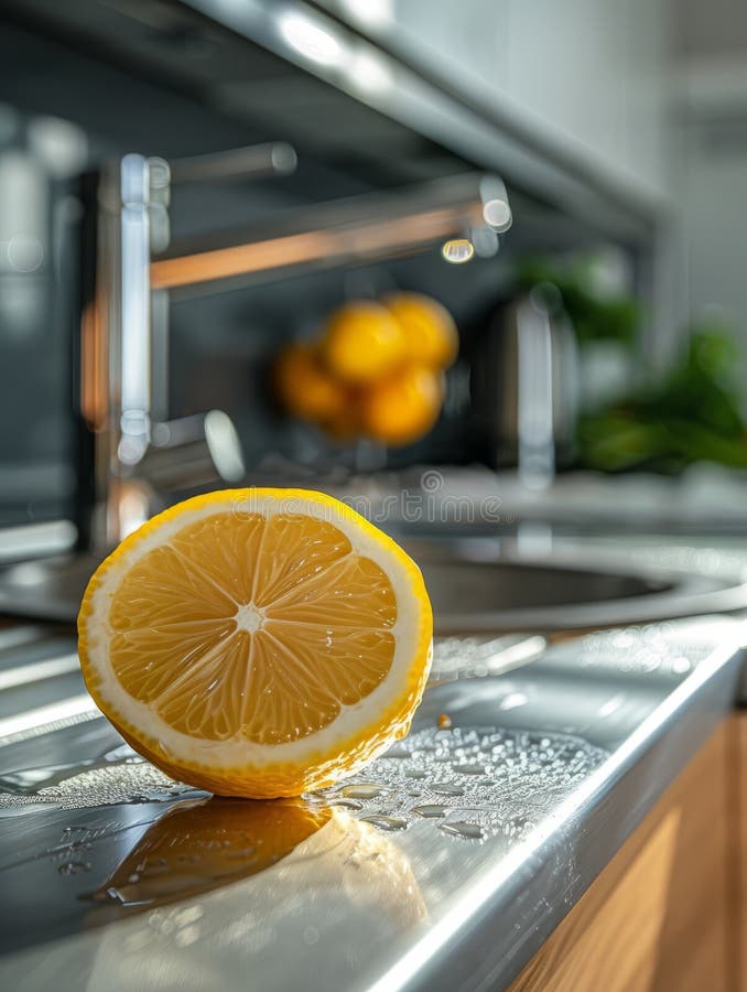 A Cut Lemon on a Countertop with Kitchen in the Background Stock Photo ...