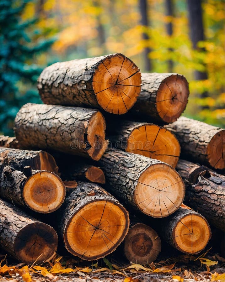 Stacked Logs in a Forest with Greenery in the Background, Forest Damage ...
