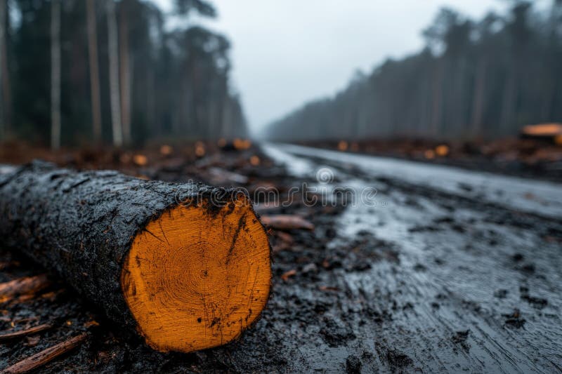 Rustic Path Lined with Cut Tree Trunks Under a Cloudy Sky during a Dim ...