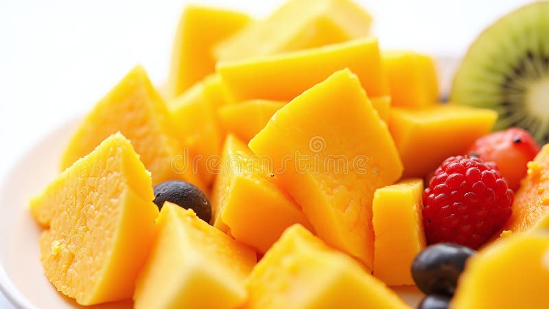 Cut Mango and Assorted Fruit on Plate Stock Illustration - Illustration ...