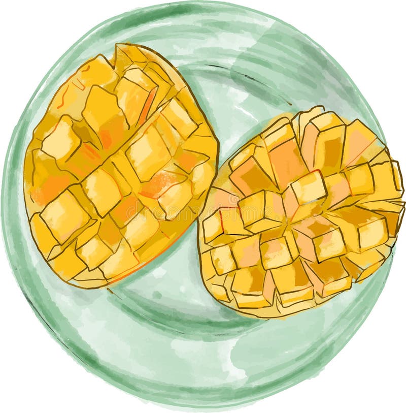 Cut mango on a plate stock vector. Illustration of freshness - 379377784