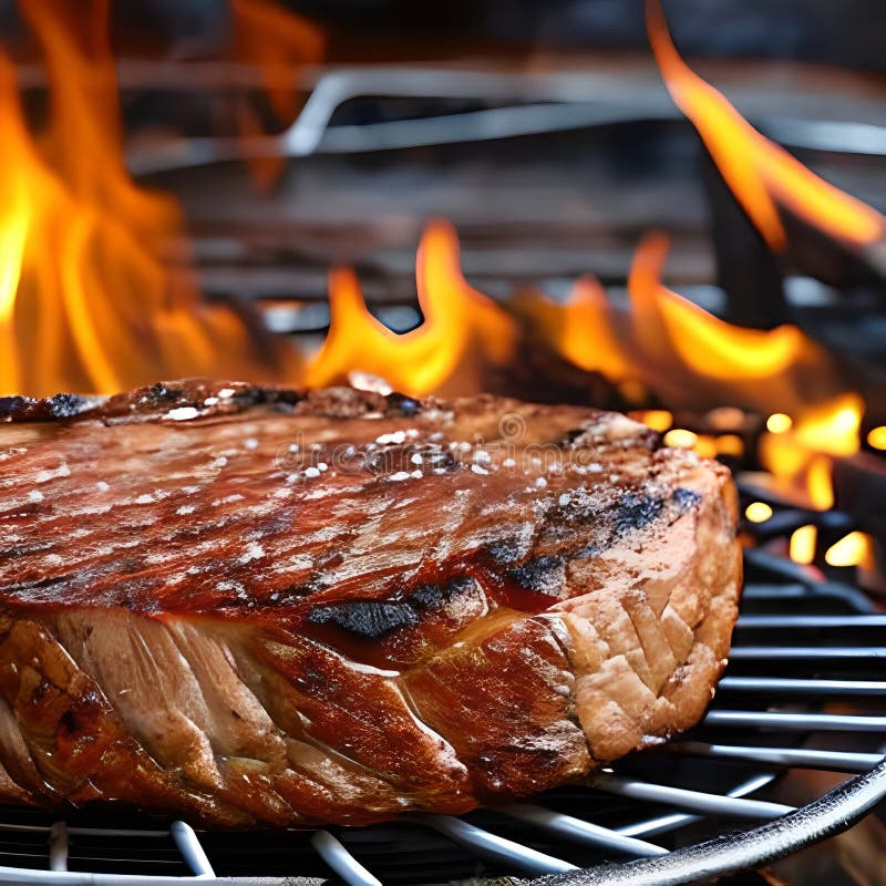 A Cut of Medium Rare Steak on a Grill with Flames Generative AI Stock ...