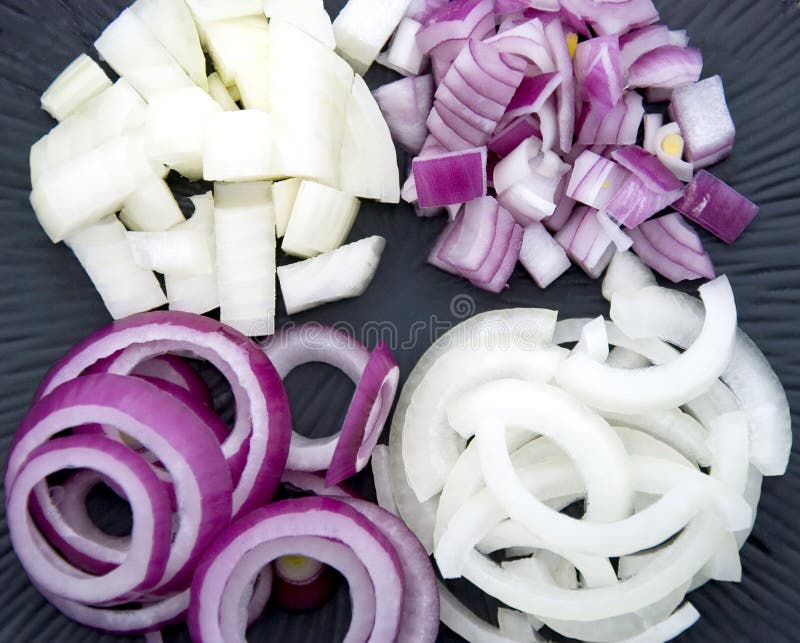 Cut Onions on a Black Plate Stock Image - Image of natural, onion: 46637107