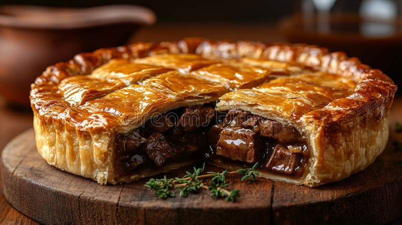 Cut Open Beef Pie on a Wooden Board. Stock Photo - Image of meat ...
