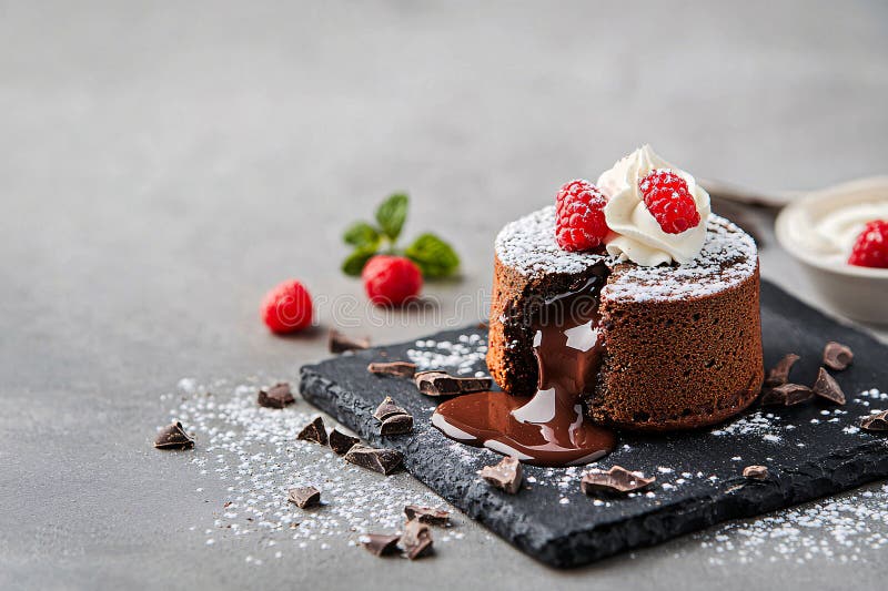 A Cut Open Chocolate Lava Cake with Molten Chocolate Oozing, Set Against a Dark, Moody Backdrop ...