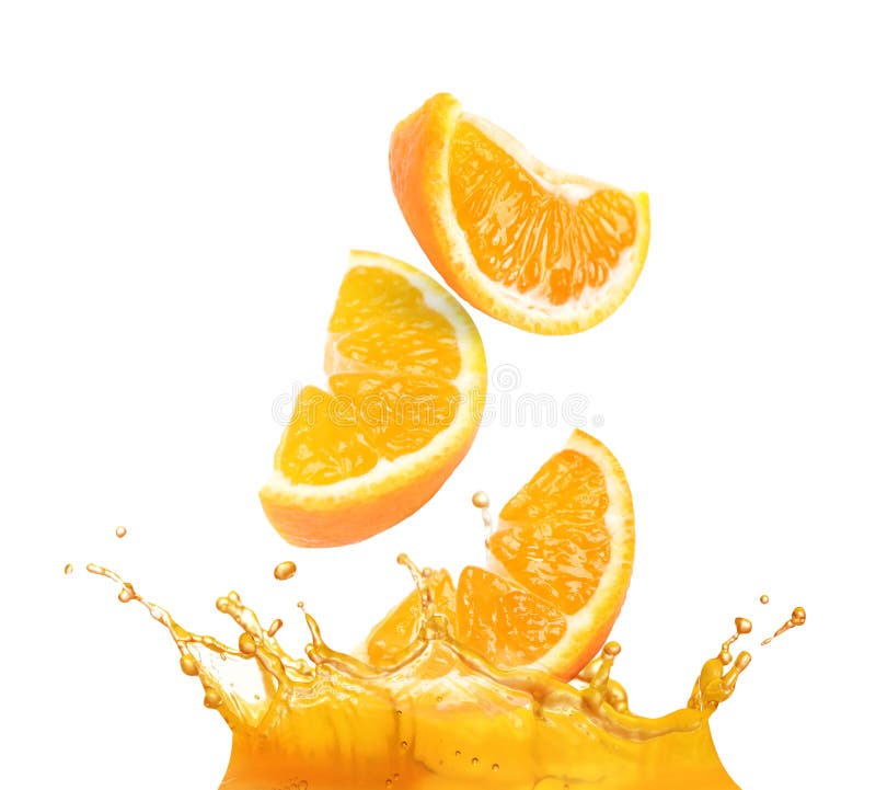 Cut Orange Falling into Citrus Juice on White Background Stock Photo ...
