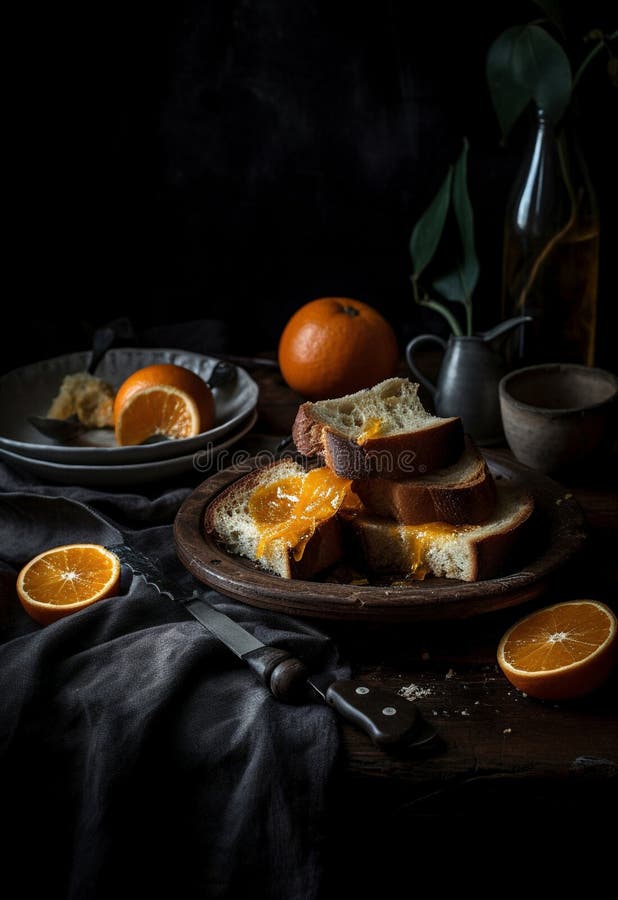 Cut Oranges and Toast on Dark Background, Ai Artwork Stock Illustration ...