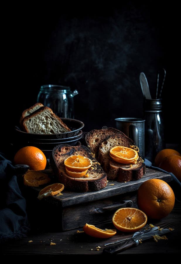 Cut Oranges and Toast on Dark Background, Ai Artwork Stock Illustration ...
