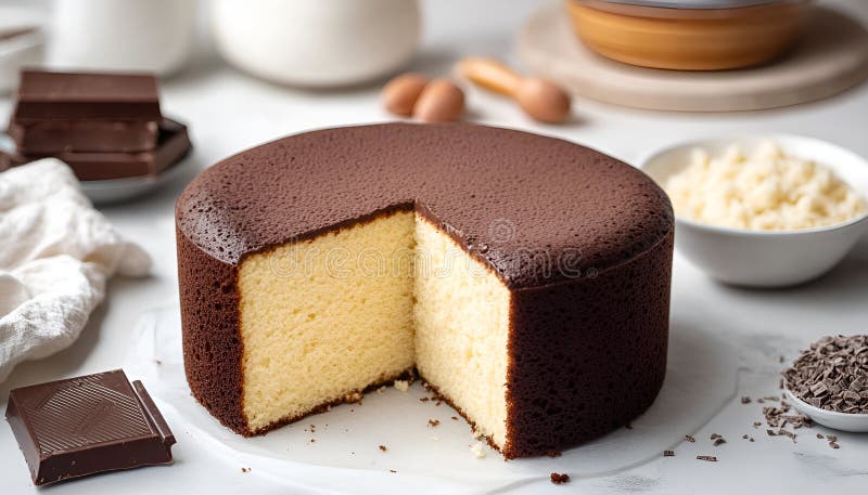 Cut Out Chocolate Sponge Cake and Ingredients on Light Table, Closed ...
