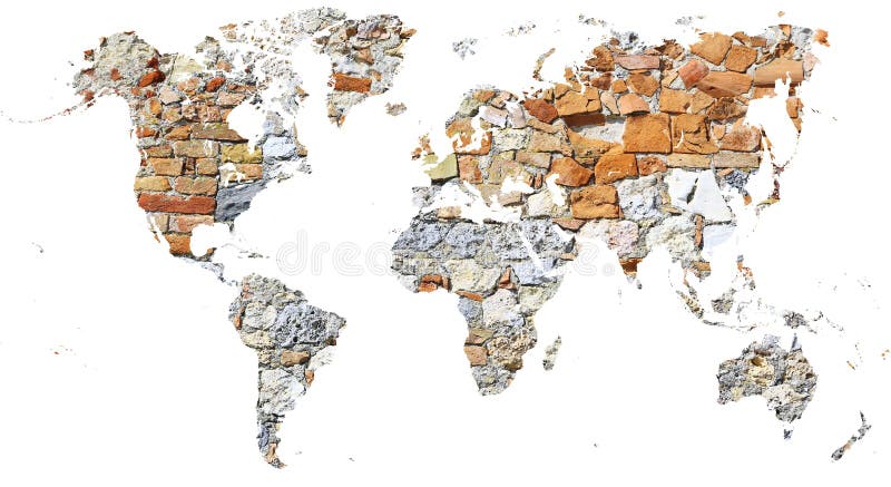World Map Cut Out in Ancient Wall Made of Bricks and Stones Stock ...