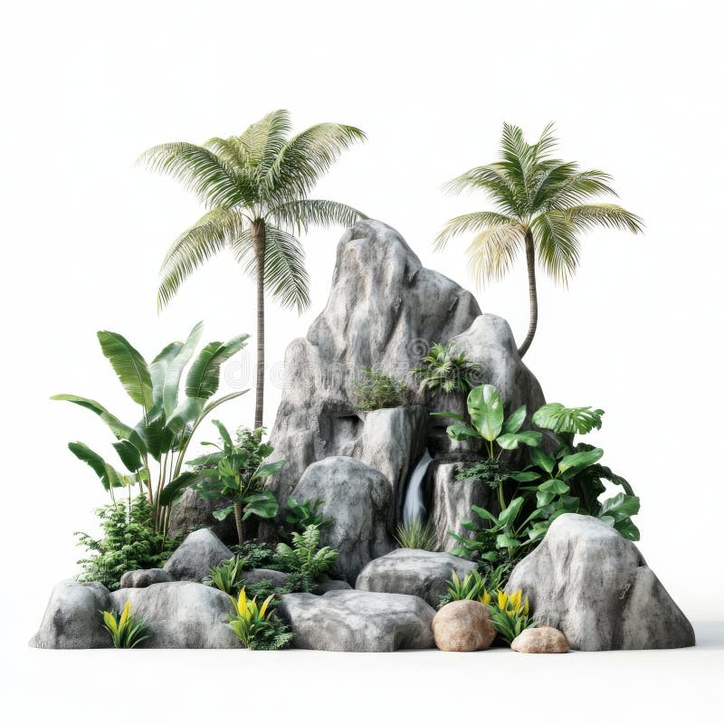 Cut-out Miniature Tropical Plants and Rocks Stock Illustration ...