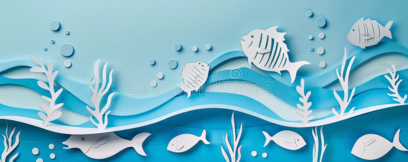 A Cut-out Paper Banner with Fish Patterns, Layered on an Ocean Blue ...