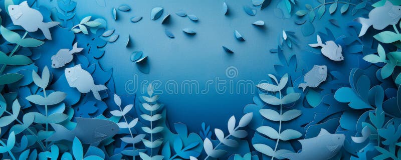 A Cut-out Paper Banner with Fish Patterns, Layered on an Ocean Blue ...