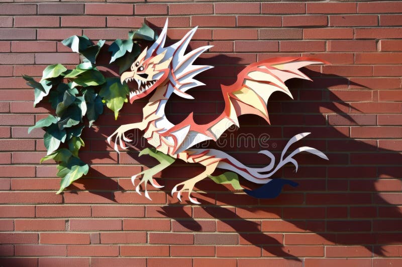 Cut-out Paper Dragon with Shadow Dancing on a Brick Wall Stock Photo ...